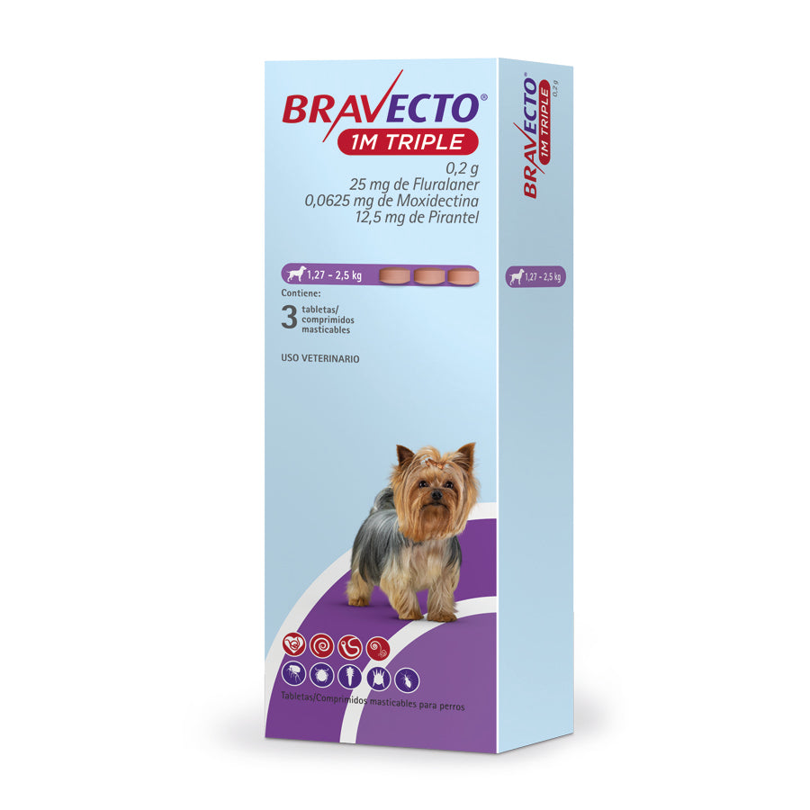 BRAVECTO ONE (1M) TRIPLE 25 MG X 3 TAB (1.27 A 2.5 KG)
